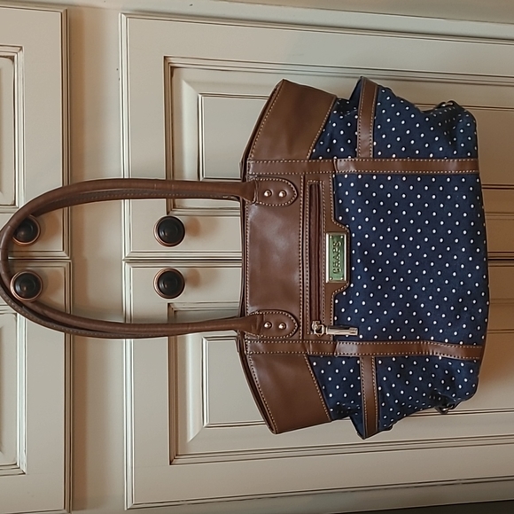 Chaps | Bags | Chaps Purse Blue With White Dots Fabric And Leather ...